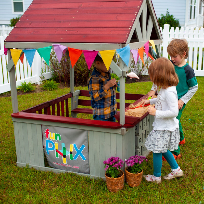 Funphix Hangout Hut, Kids Outdoor Wooden Playhouse with Sandbox & Tic ...