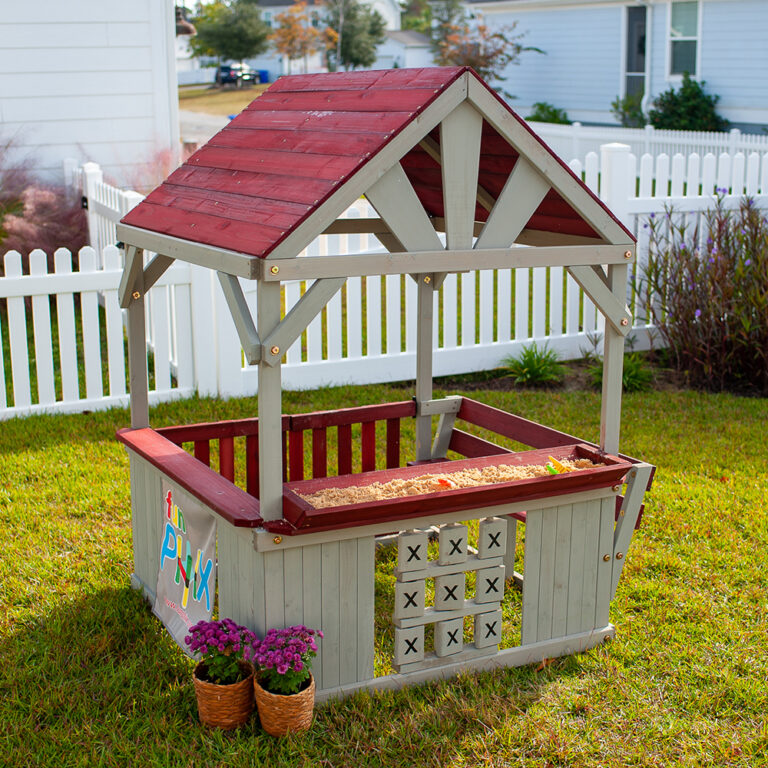 Funphix Hangout Hut, Kids Outdoor Wooden Playhouse with Sandbox & Tic ...